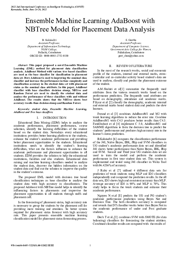 Ensemble Machine Learning AdaBoost with NBTree Model for Placement Data Analysis