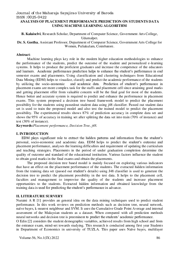 (PDF) ANALYSIS OF PLACEMENT PERFORMANCE PREDICTION ON STUDENTS DATA USING MACHINE LEARNING ALGORITHM