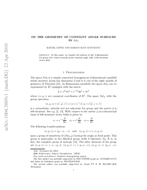 (PDF) On the Geometry of Constant Angle Surfaces in $Sol_3$