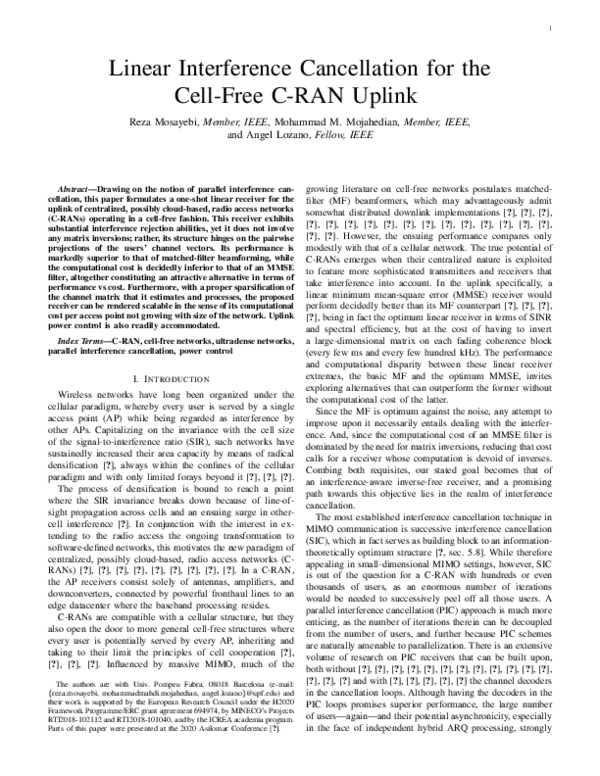 (PDF) Linear Interference Cancellation for the Cell-Free C-RAN Uplink