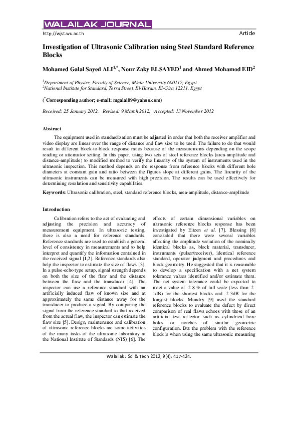 (PDF) Investigation of Ultrasonic Calibration using Steel Standard ...