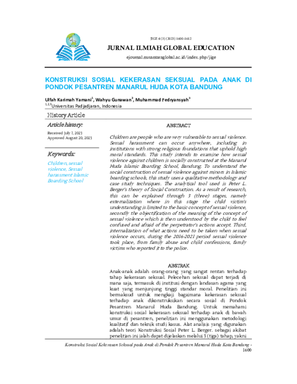 (PDF) Konstruksi Sosial Kekerasan Seksual Pada Anak DI Pondok Pesantren Manarul Huda Kota Bandung