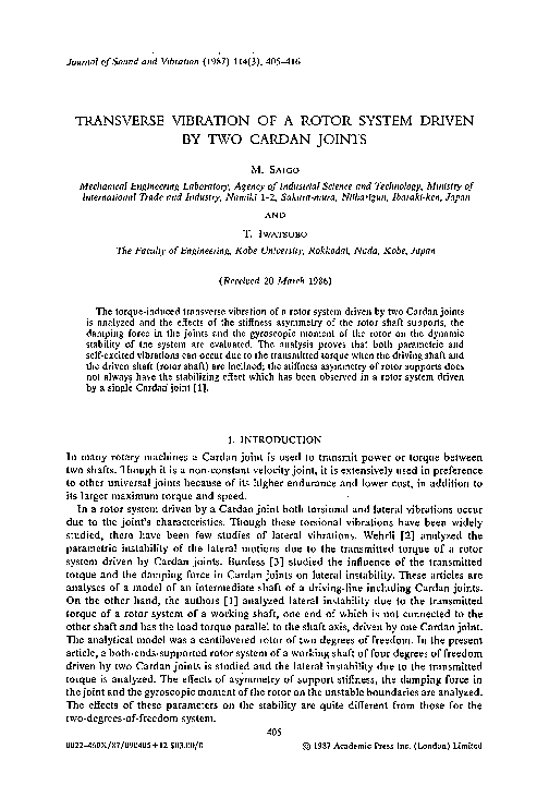 (PDF) Transverse vibration of a rotor system driven by two cardan joints