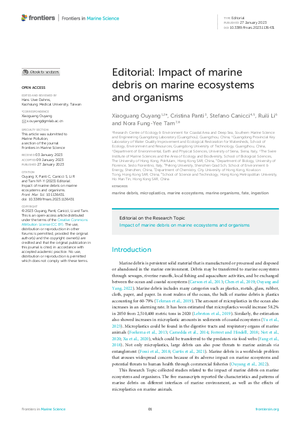 (PDF) Editorial: Impact of marine debris on marine ecosystems and organisms