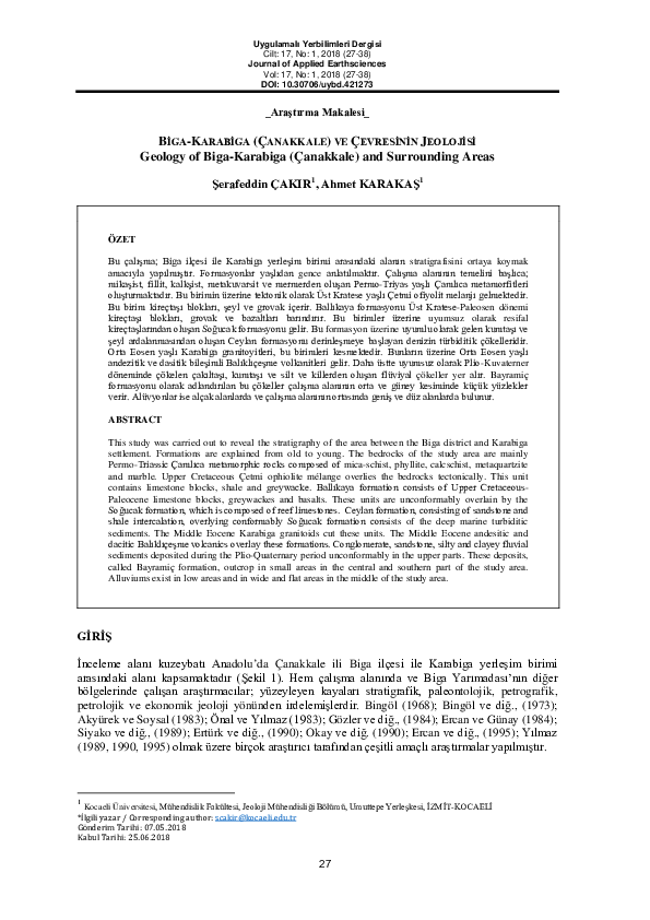 (PDF) Biga-Karabiga (Çanakkale) Çevresinin Jeolojisi