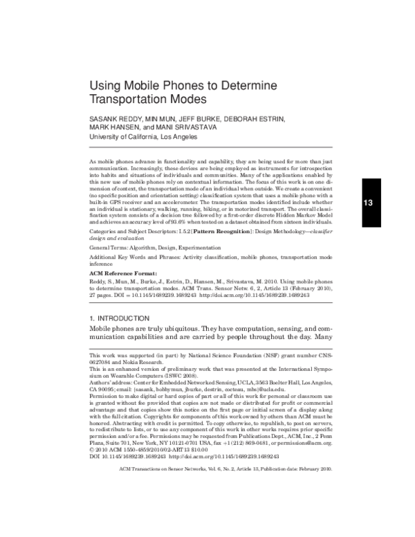 (PDF) Using mobile phones to determine transportation modes
