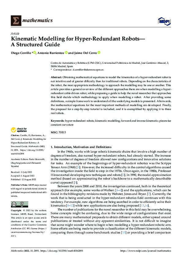 (PDF) Kinematic Modelling for Hyper-Redundant Robots—A Structured Guide