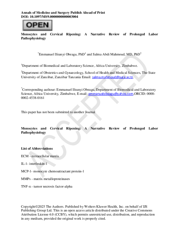 (PDF) Monocytes and Cervical Ripening: A Narrative Review of Prolonged ...