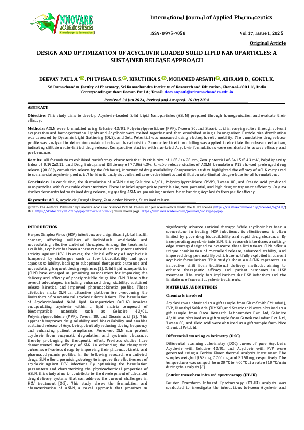 Pdf Design And Optimization Of Acyclovir Loaded Solid Lipid Nanoparticles A Sustained Release
