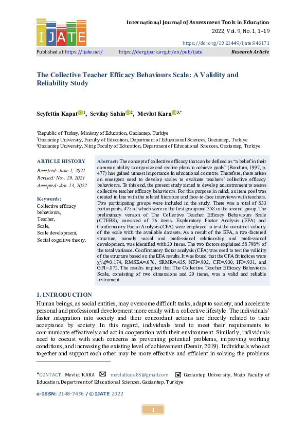 (PDF) The Collective Teacher Efficacy Behaviours Scale: A Validity and Reliability Study