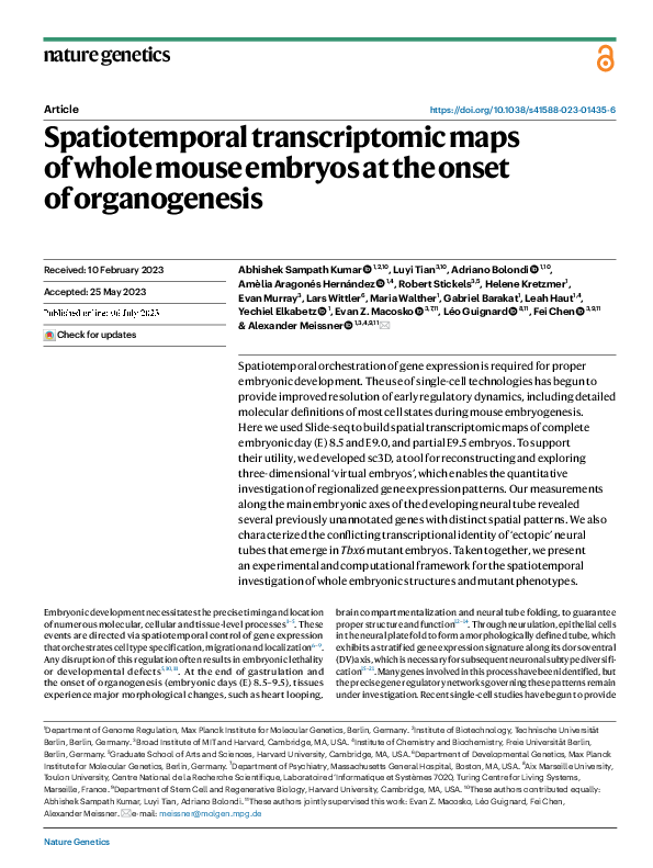 Pdf Spatiotemporal Transcriptomic Maps Of Whole Mouse Embryos At The Onset Of Organogenesis
