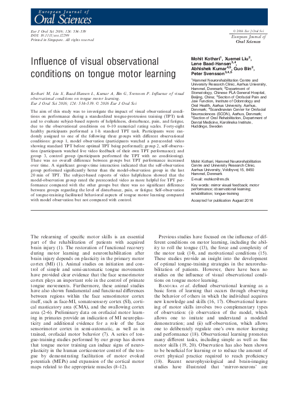 (PDF) Influence of visual observational conditions on tongue motor learning