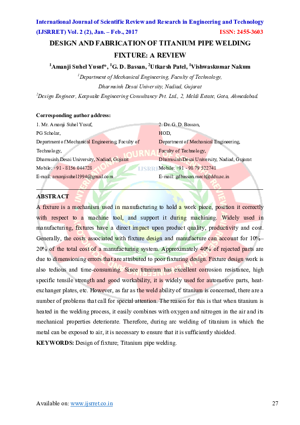 (PDF) DESIGN AND FABRICATION OF TITANIUM PIPE WELDING FIXTURE: A REVIEW