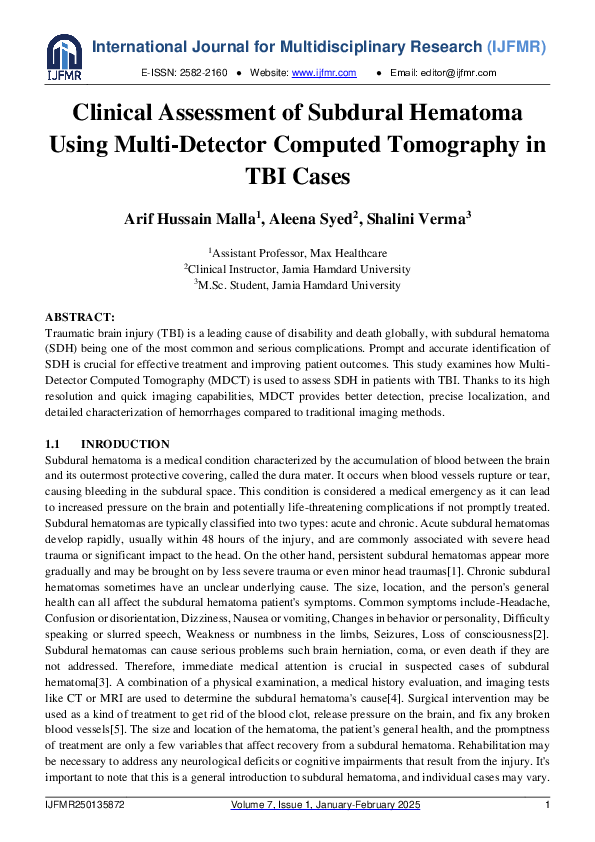 (PDF) Clinical Assessment of Subdural Hematoma Using Multi-Detector Computed Tomography in TBI Cases