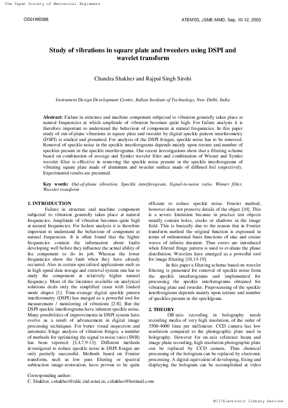 (PDF) OS01W0388 Study of vibrations in square plate and tweeders using DSPI and wavelet transform