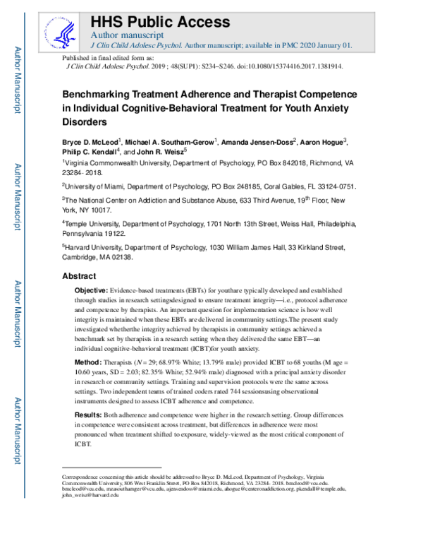 (PDF) Benchmarking Treatment Adherence and Therapist Competence in ...