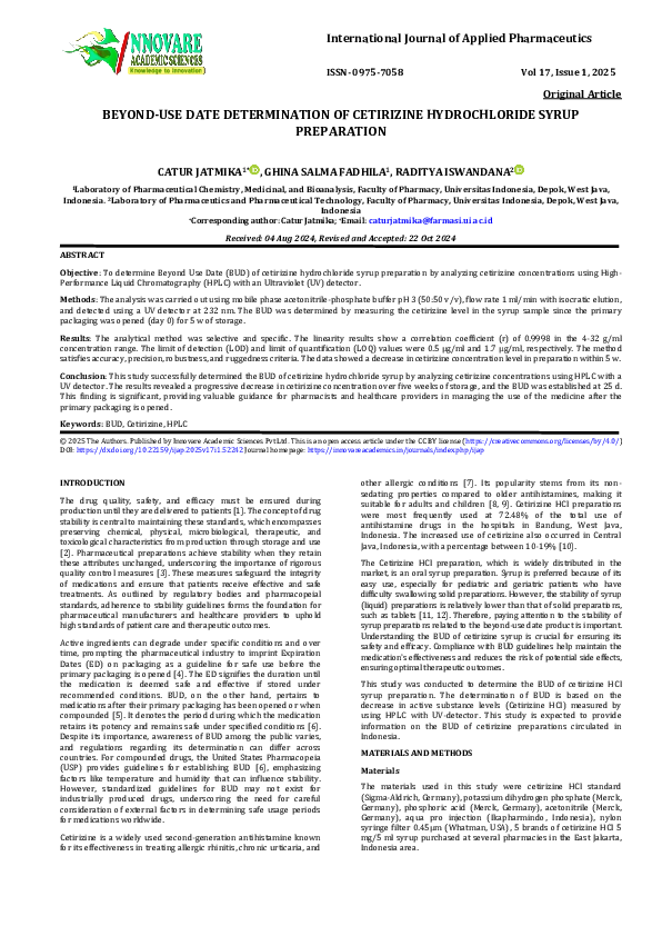 (PDF) BEYOND-USE DATE DETERMINATION OF CETIRIZINE HYDROCHLORIDE SYRUP ...