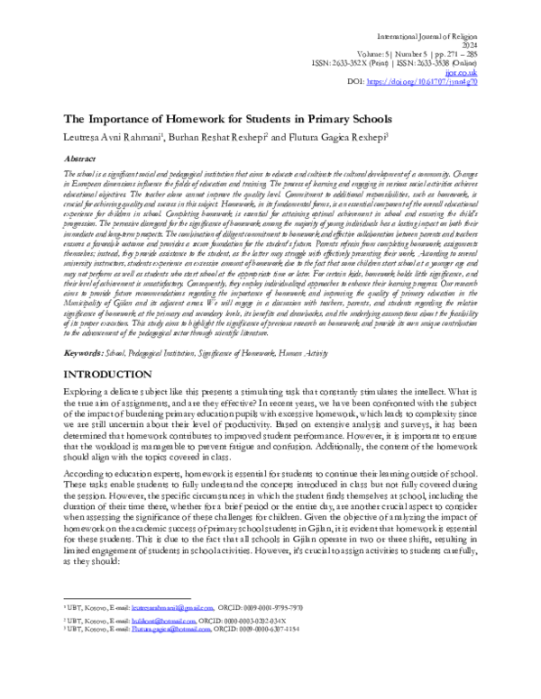 (PDF) The Importance of Homework for Students in Primary Schools