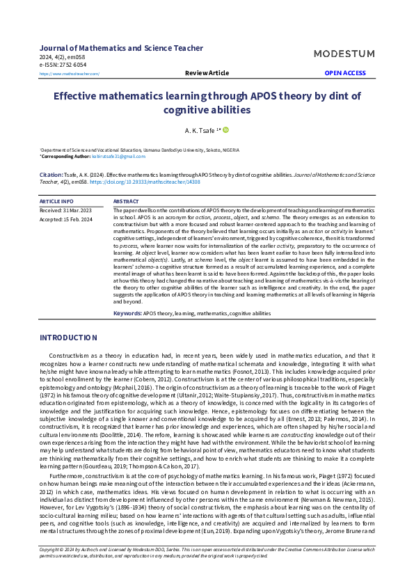 (PDF) Effective mathematics learning through APOS theory by dint of cognitive abilities