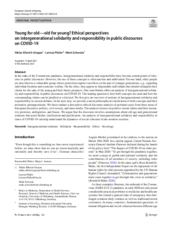 (PDF) Young for old—old for young? Ethical perspectives on intergenerational solidarity and ...