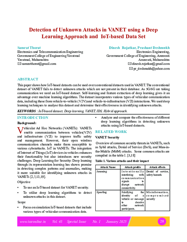 (PDF) Detection of Unknown Attacks in VANET using a Deep Learning Approach and IoT-based Data Set