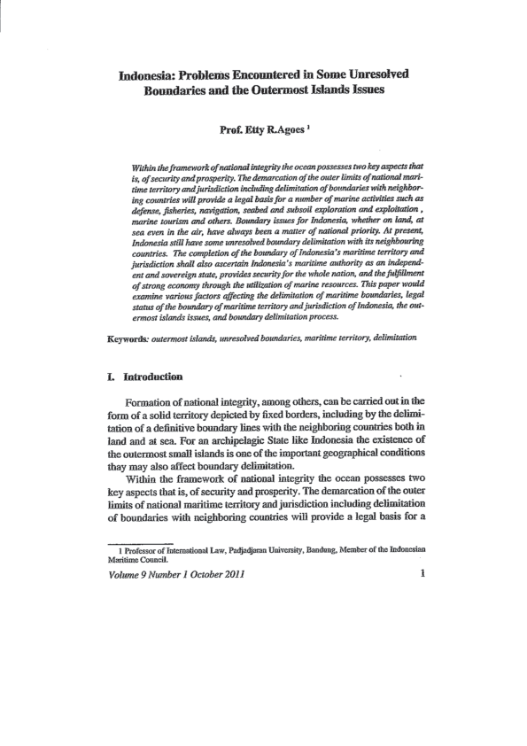 (PDF) Indonesia: Problem Encountered in Some Unresolved Boundaries and the Outermost Island Issues