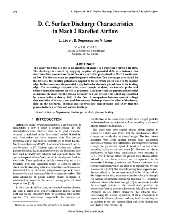 (PDF) D. C. surface discharge characteristics in mach 2 rarefied airflow