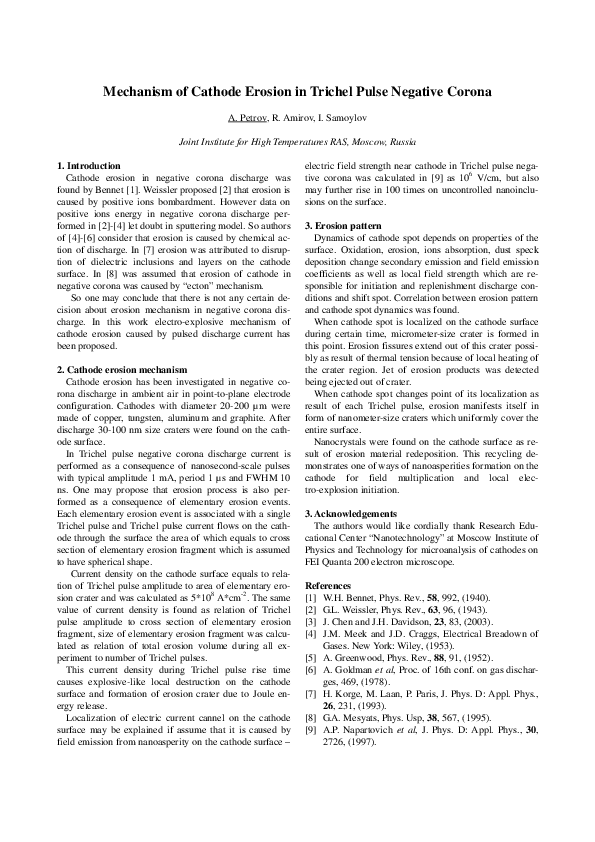 (PDF) Explosive mechanism of cathode erosion in Trichel pulse negative ...