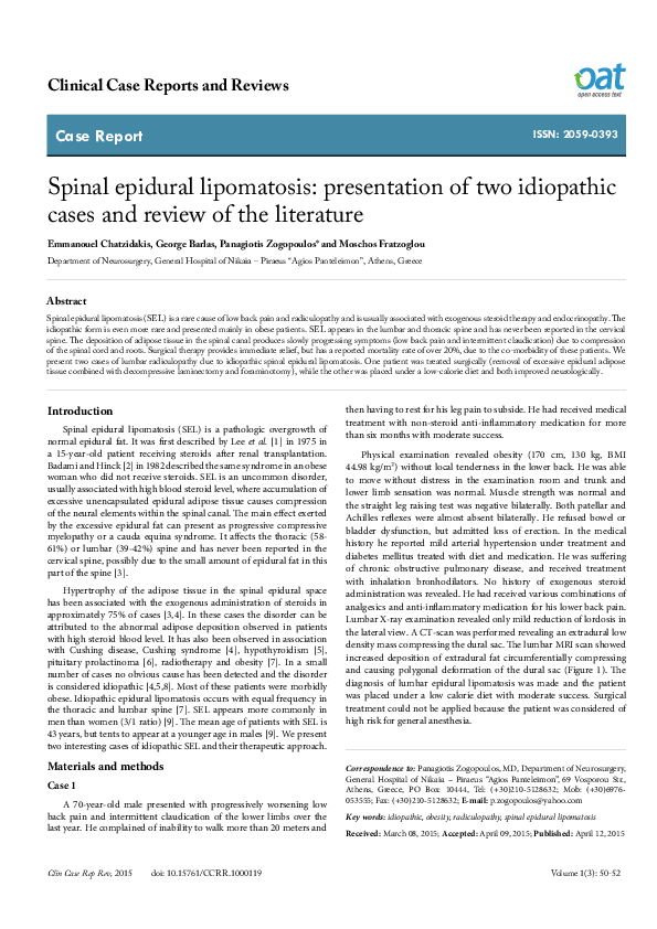 (PDF) Spinal epidural lipomatosis: presentation of two idiopathic cases and review of the literature