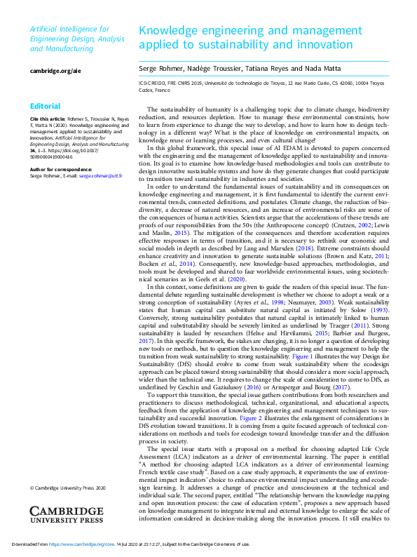 (PDF) Knowledge engineering and management applied to sustainability and innovation