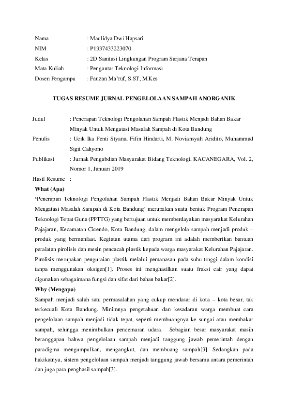 (PDF) Tugas Resume Jurnal Pengelolaan Sampah Anorganik Berbasis Teknologi