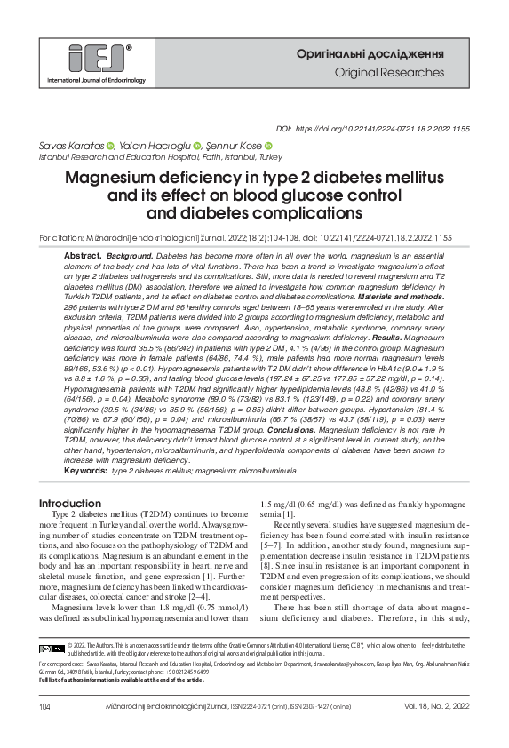 (PDF) Magnesium deficiency in type 2 diabetes mellitus and its effect ...