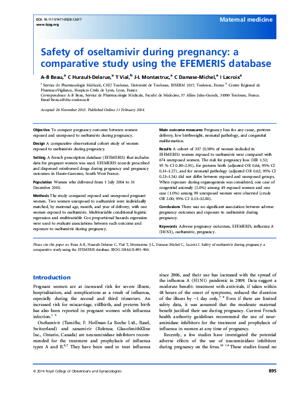 (PDF) Safety of oseltamivir during pregnancy: a comparative study using the EFEMERIS database