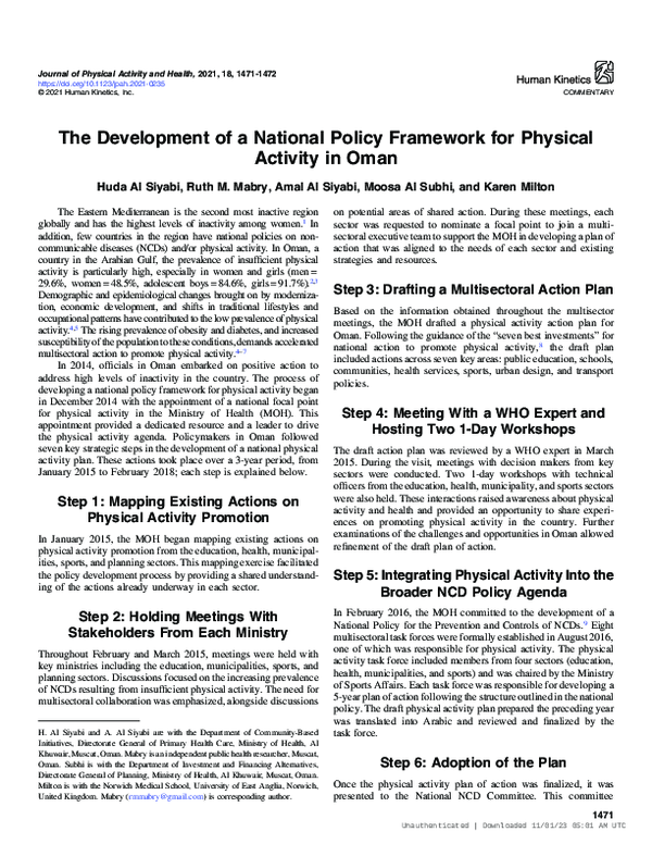 (PDF) The Development of a National Policy Framework for Physical ...
