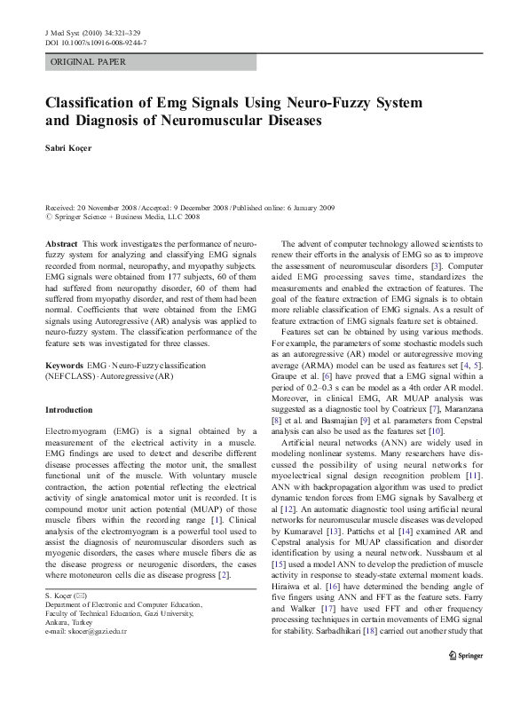 (PDF) Classification of Emg Signals Using Neuro-Fuzzy System and Diagnosis of Neuromuscular Diseases