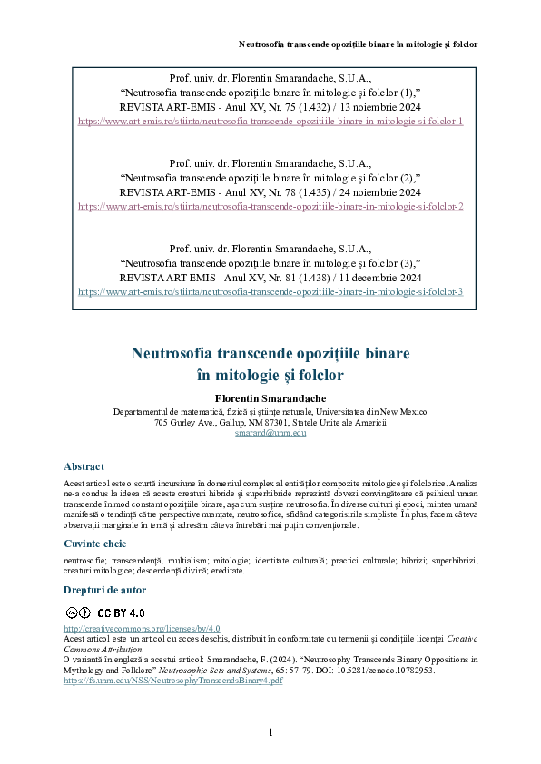 (PDF) Neutrosofia transcende opozițiile binare în mitologie și folclor