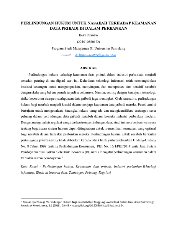 (PDF) PERLINDUNGAN HUKUM UNTUK NASABAH TERHADAP KEAMANAN DATA PRIBADI DI DALAM PERBANKAN