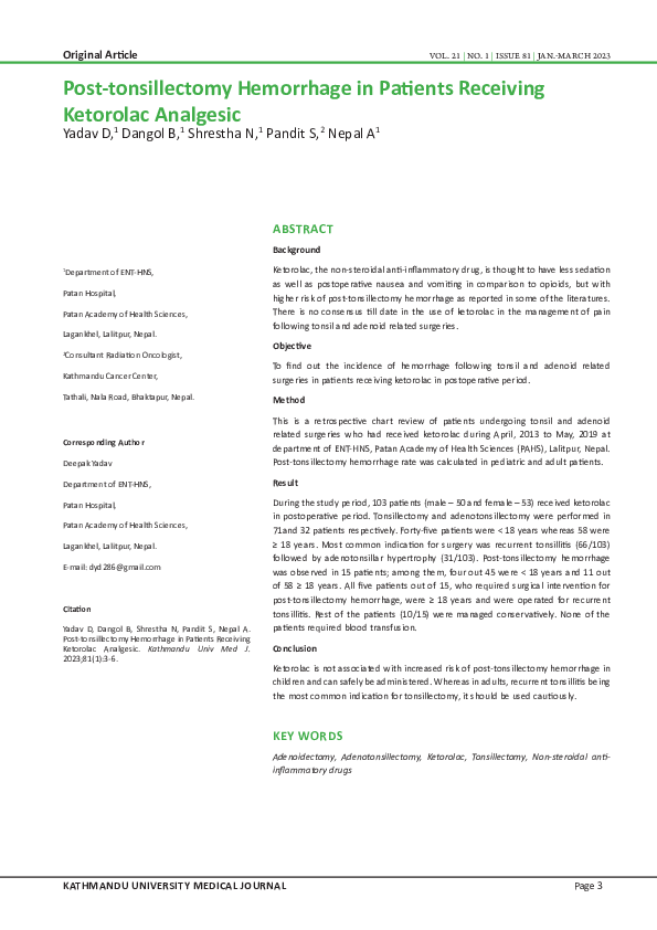(PDF) Post-tonsillectomy Hemorrhage in Patients Receiving Ketorolac ...
