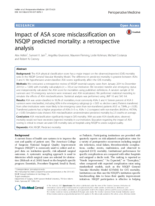 (PDF) Impact of ASA score misclassification on NSQIP predicted ...