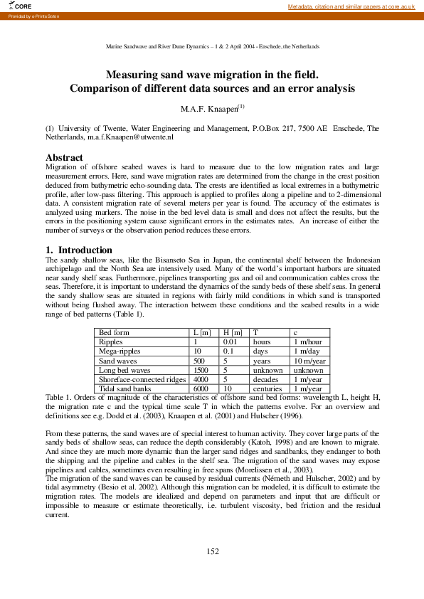 (PDF) Measuring sand wave migration in the field. Comparison of different data sources and an ...