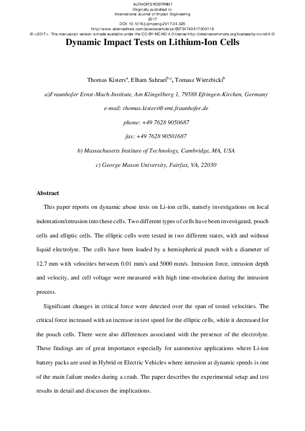 (PDF) Dynamic impact tests on lithium-ion cells
