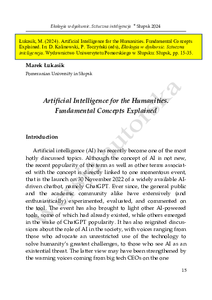 (PDF) [Published] Artificial Intelligence for the Humanities. Fundamental Concepts Explained