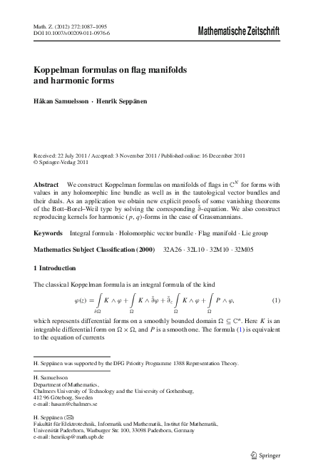 (PDF) Koppelman formulas on flag manifolds and harmonic forms