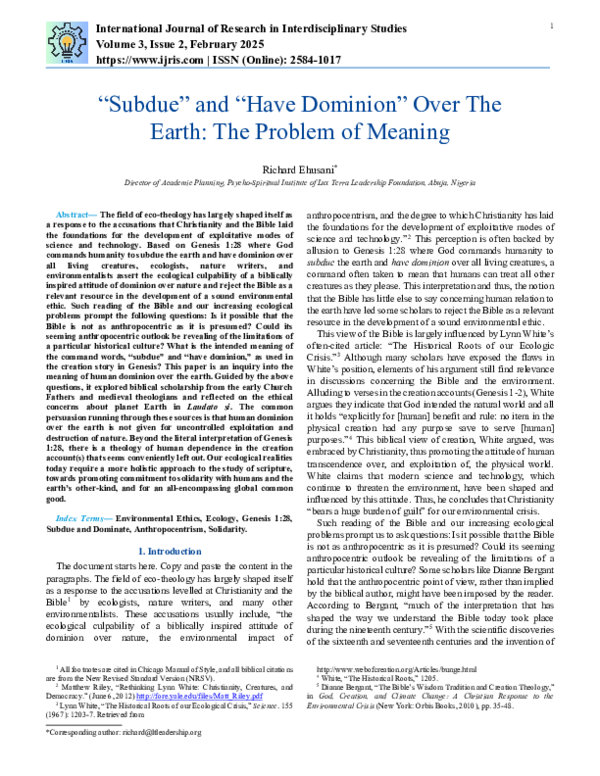 (PDF) “Subdue” and “Have Dominion” Over the Earth: The Problem of Meaning
