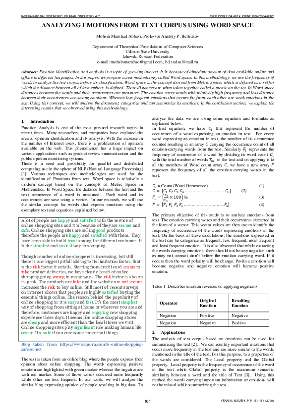 (PDF) Analyzing Emotions from Text Corpus Using Word Space