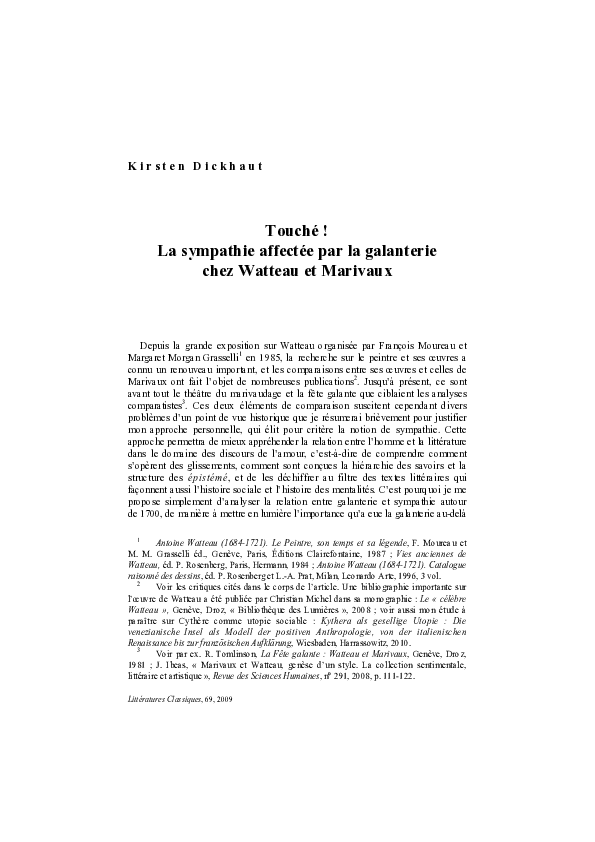 (PDF) Touché ! La sympathie affectée par la galanterie chez Watteau et Marivaux