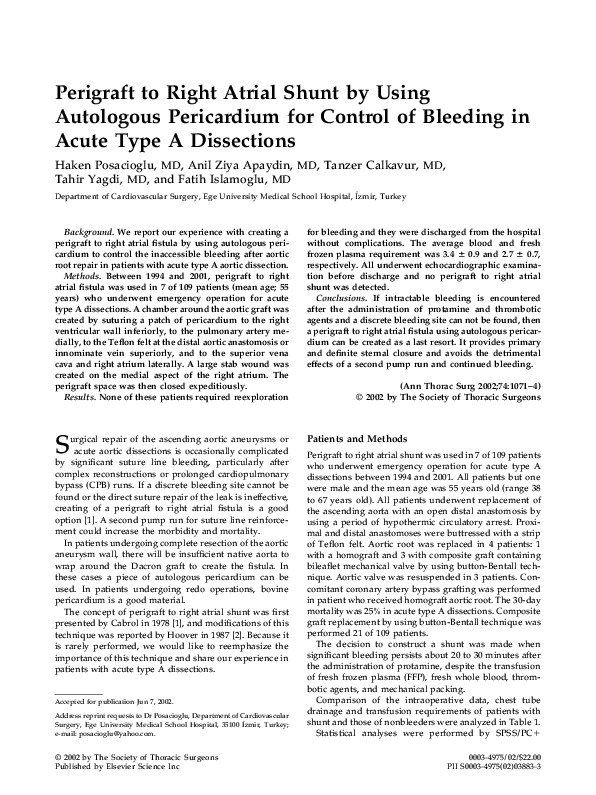 Perigraft to right atrial shunt by using autologous pericardium for ...