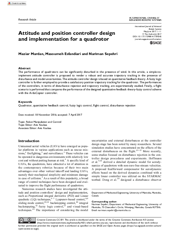 (PDF) Attitude and position controller design and implementation for a quadrotor