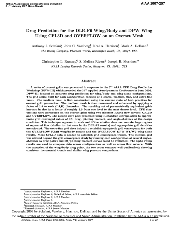 (PDF) Drag Prediction for the DLR-F6 Wing/Body and DPW Wing Using CFL3D ...