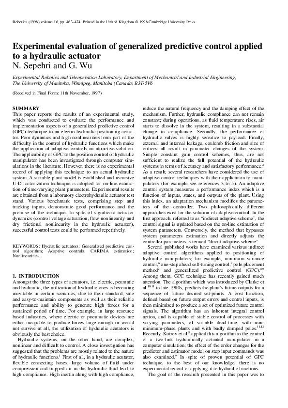 (PDF) Experimental evaluation of generalized predictive control applied to a hydraulic actuator ...